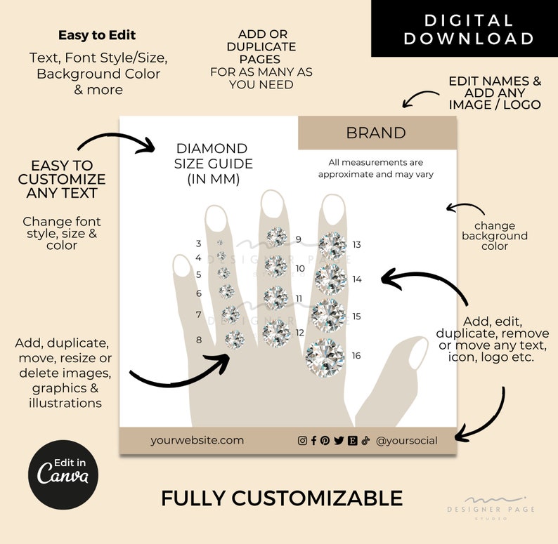 Diamond Size Guide Template Editable, Printable Round Diamond Stone ...