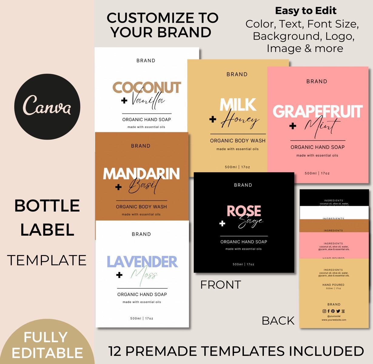 Printable Hand Soap Bottle Labels Template Canva, Editable Hand Body ...