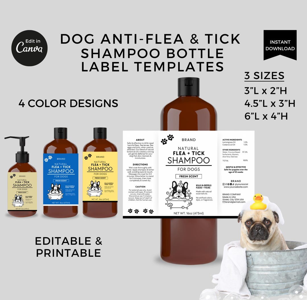 Dog Shampoo Bottle Labels Template Editable Canva, Anti Flea & Tick ...