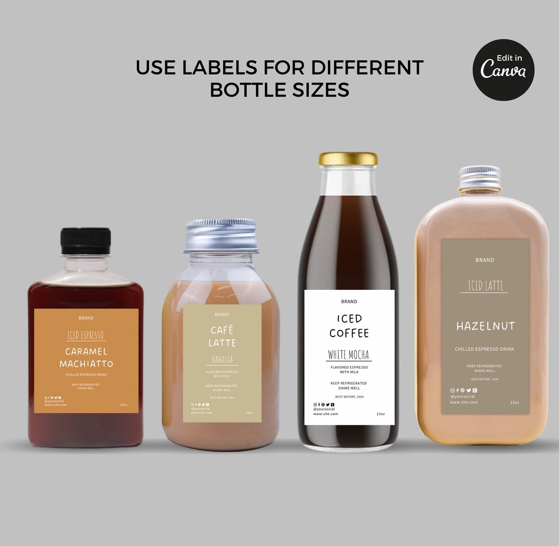 Editable Iced Coffee Bottle Labels Template Canva, Drinks Label Design ...