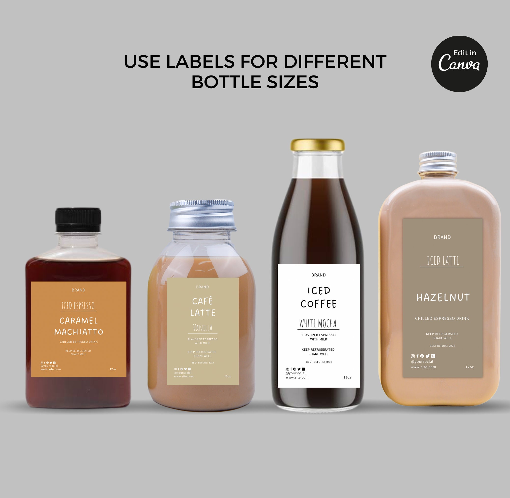 Editable Iced Coffee Bottle Labels Template Canva, Drinks Label Design ...
