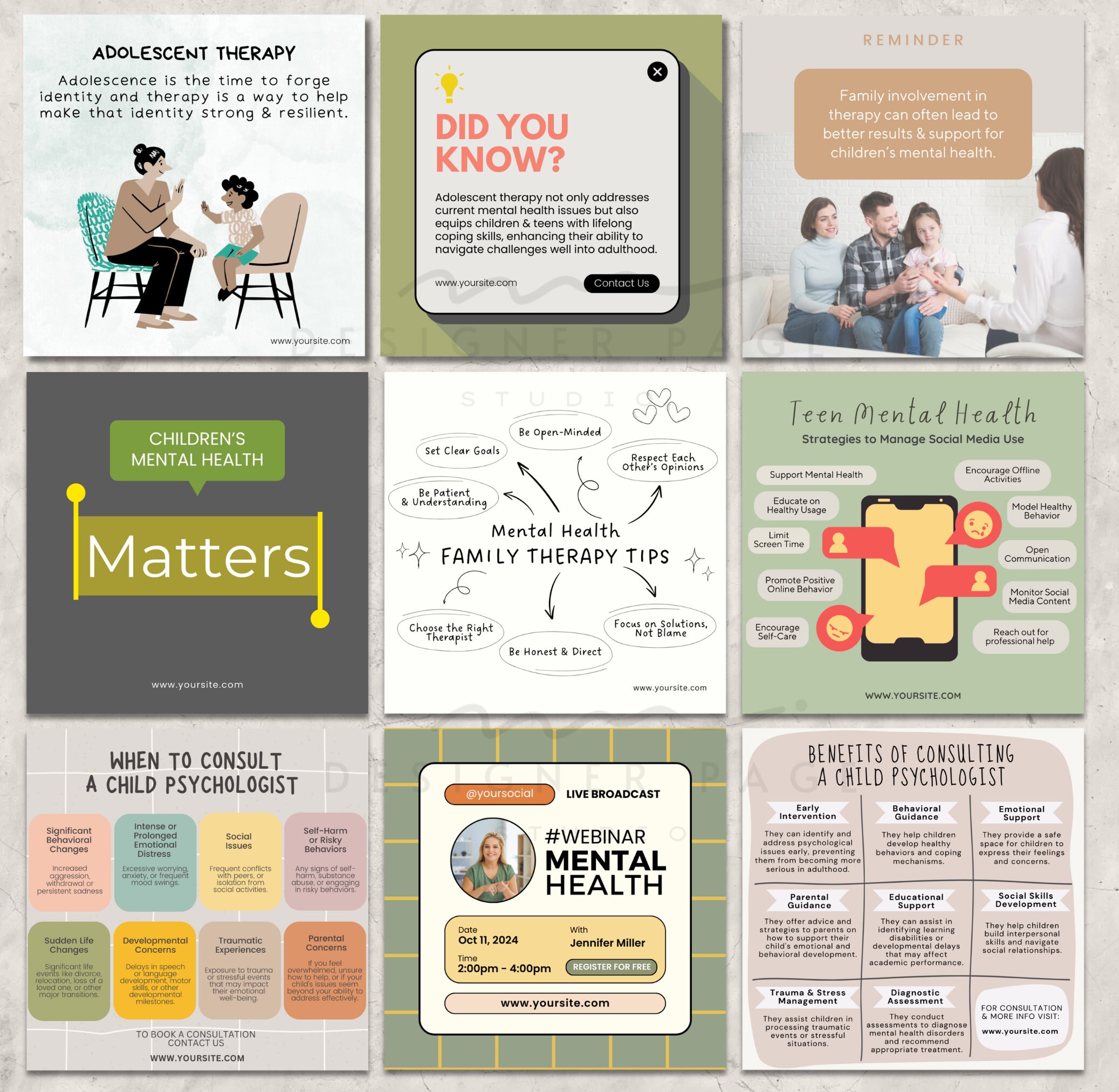 Child Adolescent Therapy Instagram Templates Editable Canva, Teen ...