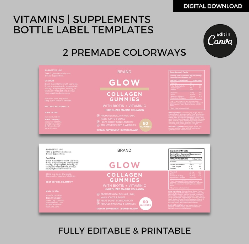 Collagen Supplements Bottle Labels Template Canva Editable, Printable ...