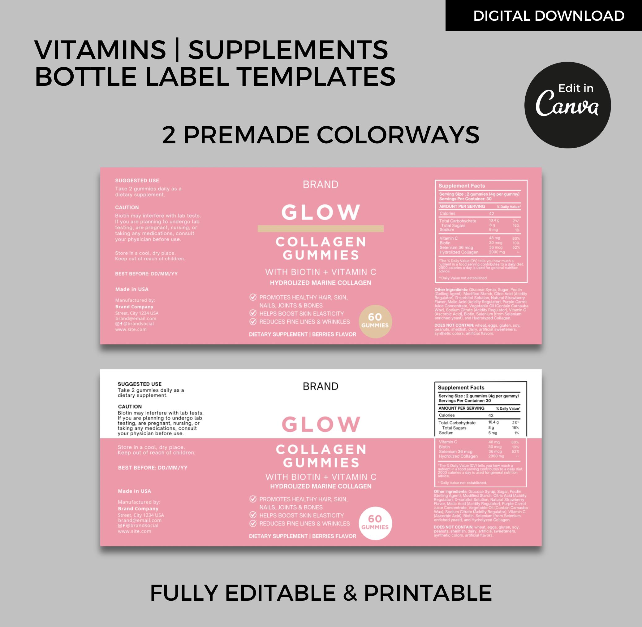 Collagen Supplements Bottle Labels Template Canva Editable, Printable ...
