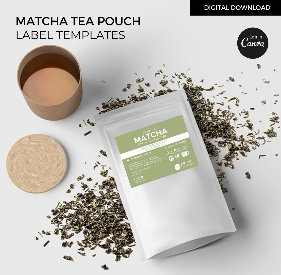 Matcha Tea Labels Template Editable Canva, Matcha Powder Tea Bag Label ...