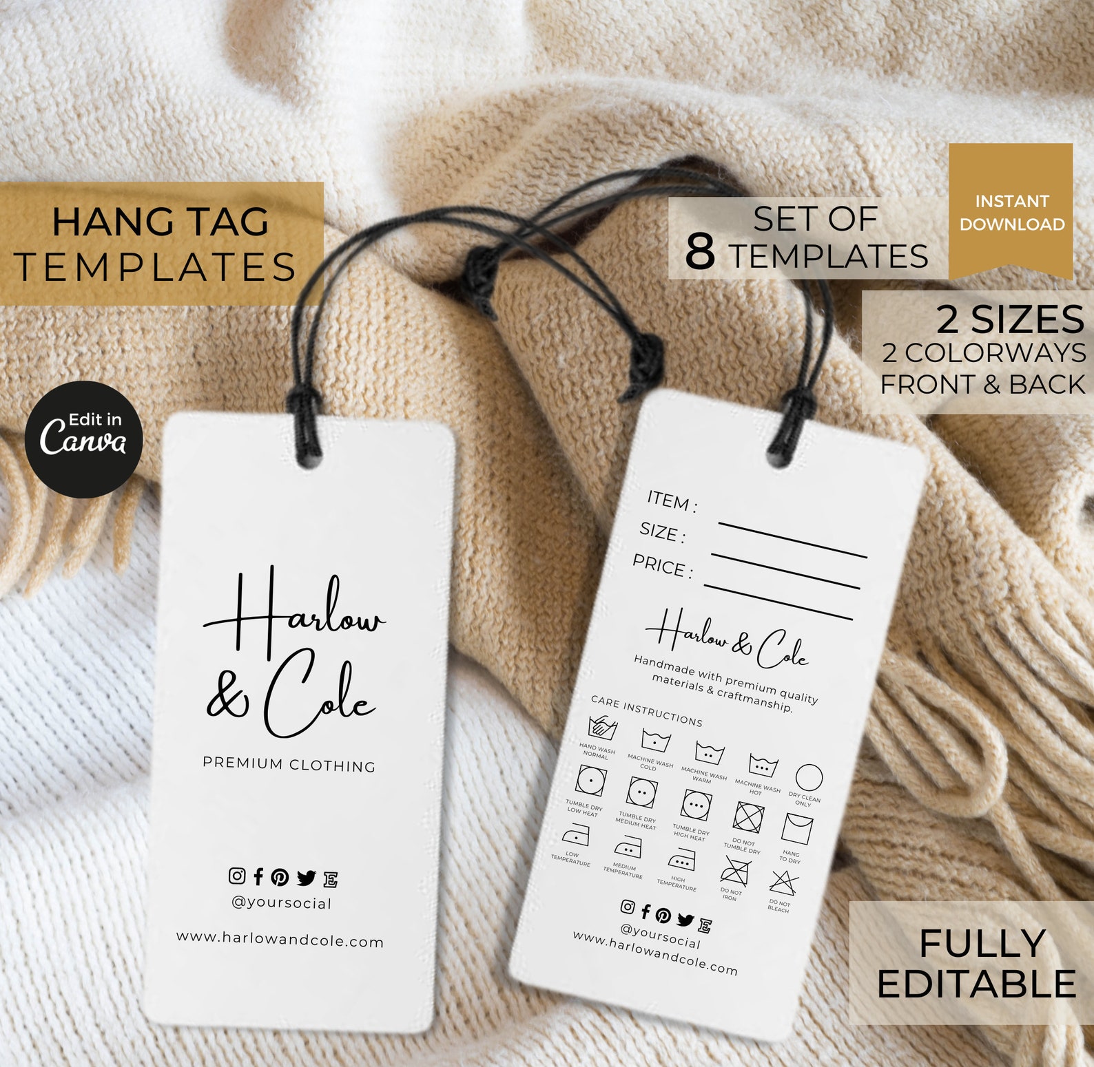 Editable Clothes Hangtags Template Canva, Printable Clothing Care Label ...