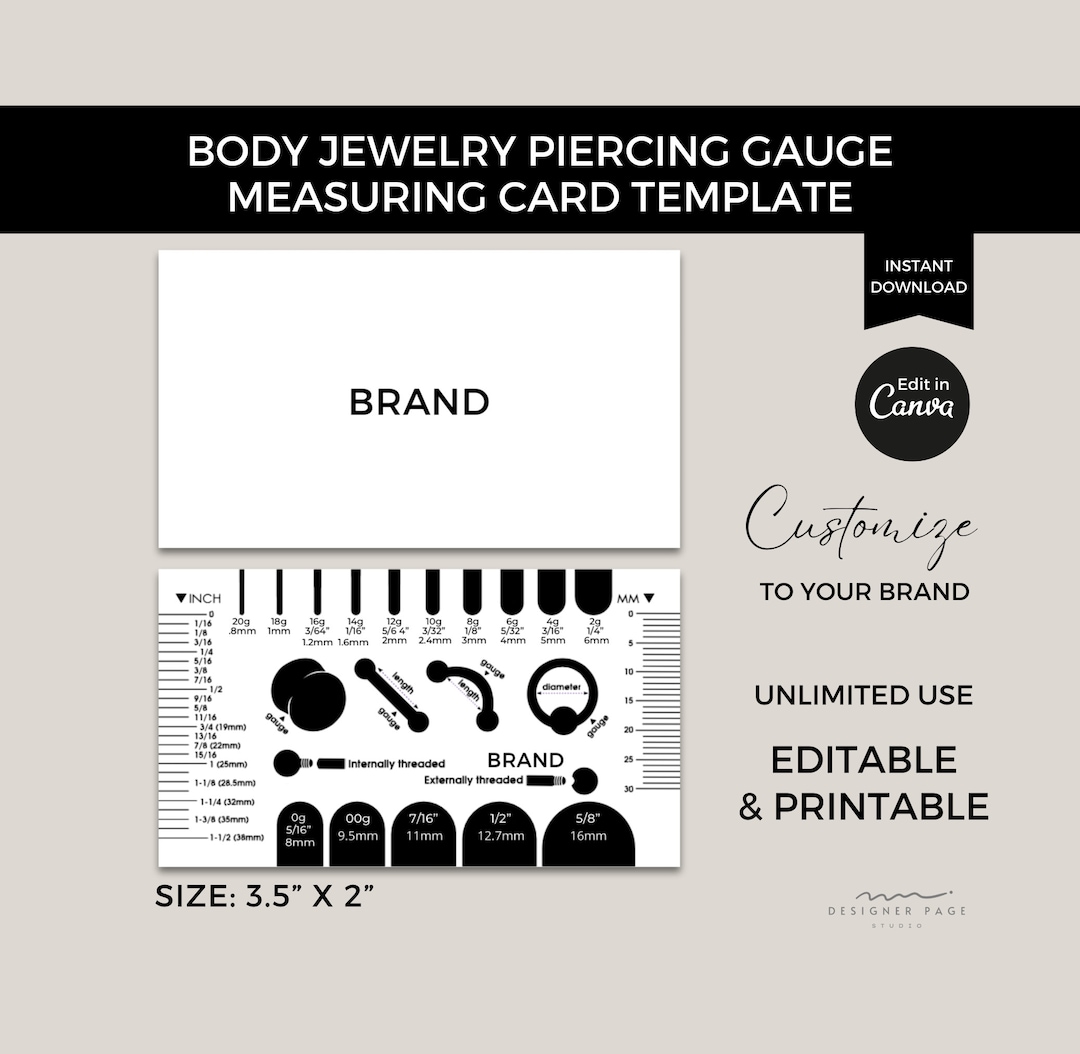 Editable Body Jewelry Piercing Gauge Measurement Card Template Canva ...