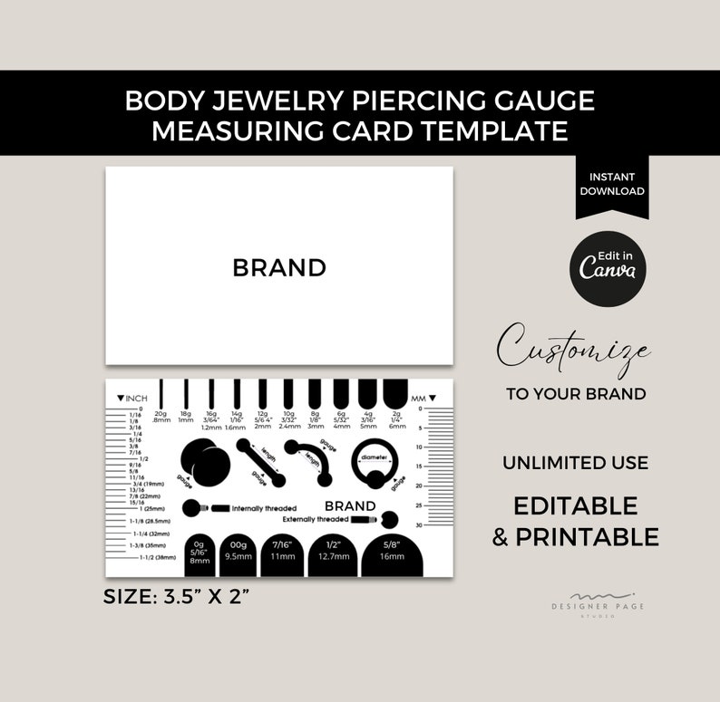 Editable Body Jewelry Piercing Gauge Measurement Card Template Canva ...