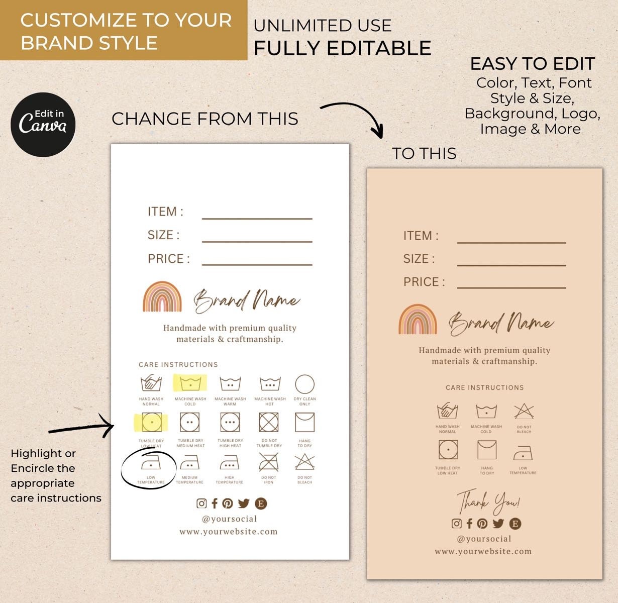 Printable Hangtags Template Canva, Editable Clothing Care Label Tags ...