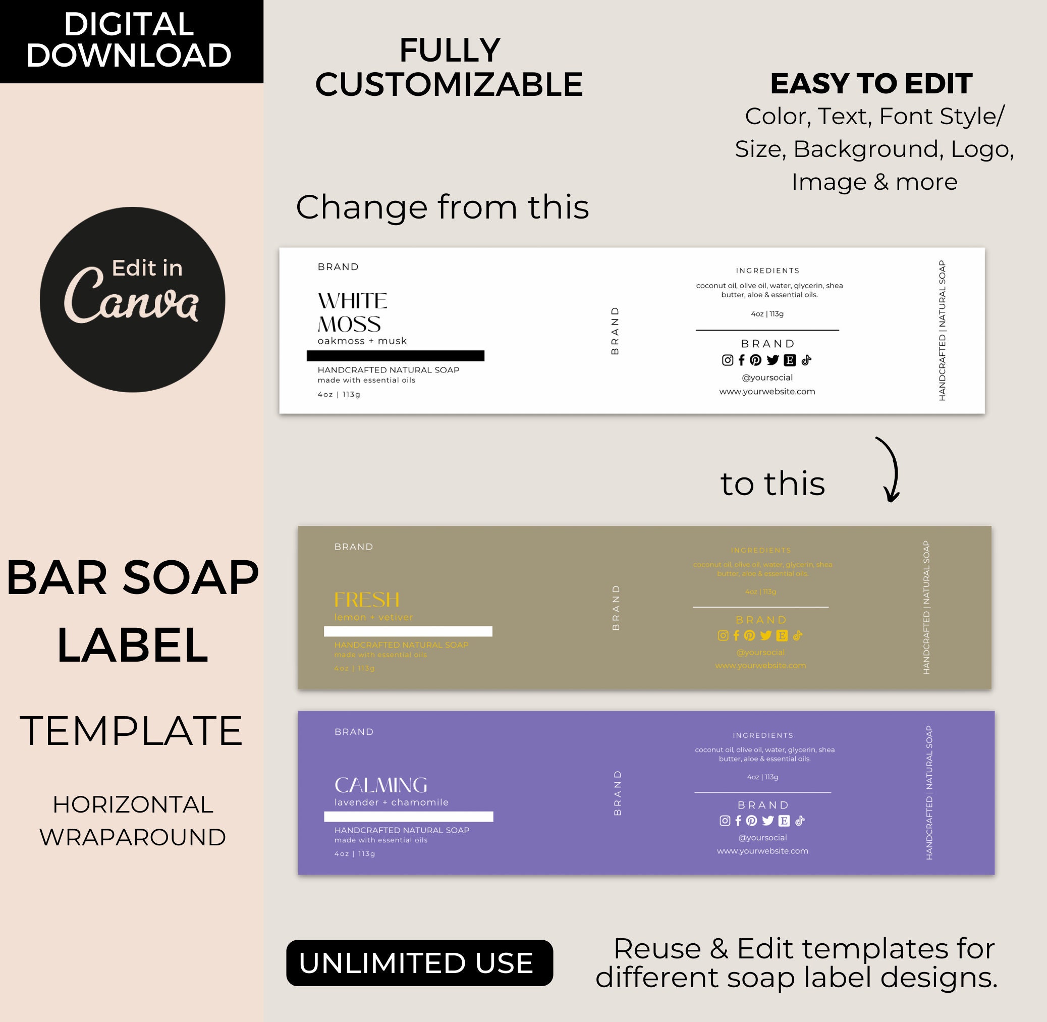 Editable Bar Soap Labels Template Canva, Soap Sleeve Labels Printable ...
