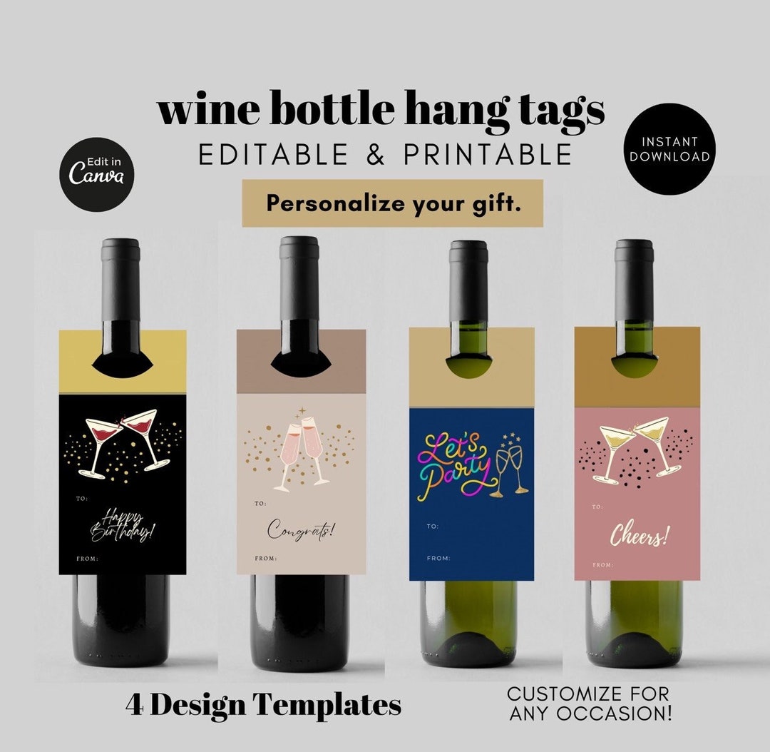 Editable Wine Bottle Hang Tags Canva Templates Set, Printable Champagne ...