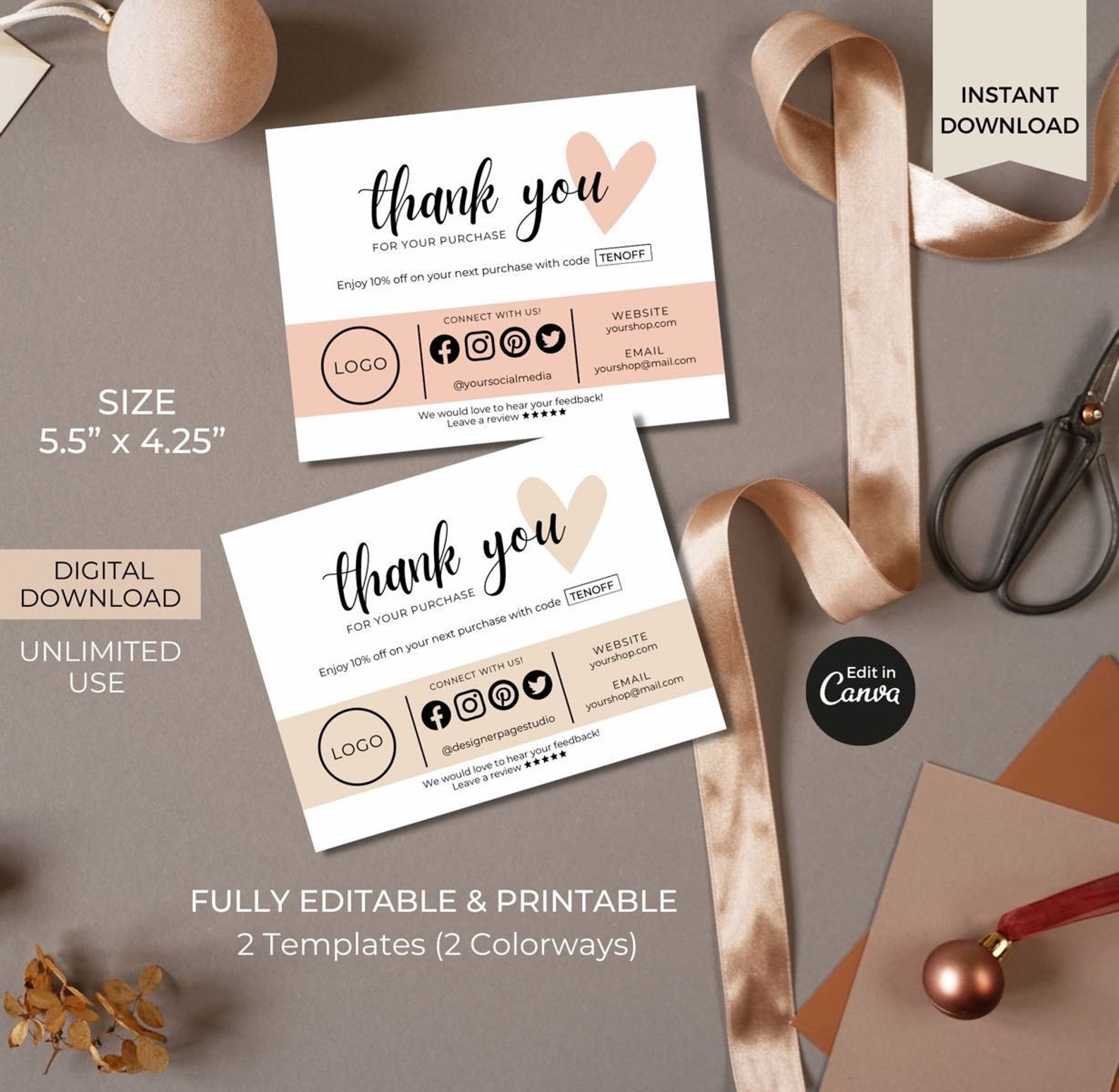 Thank You Cards Template Editable Canva, Printable Business Thank You ...
