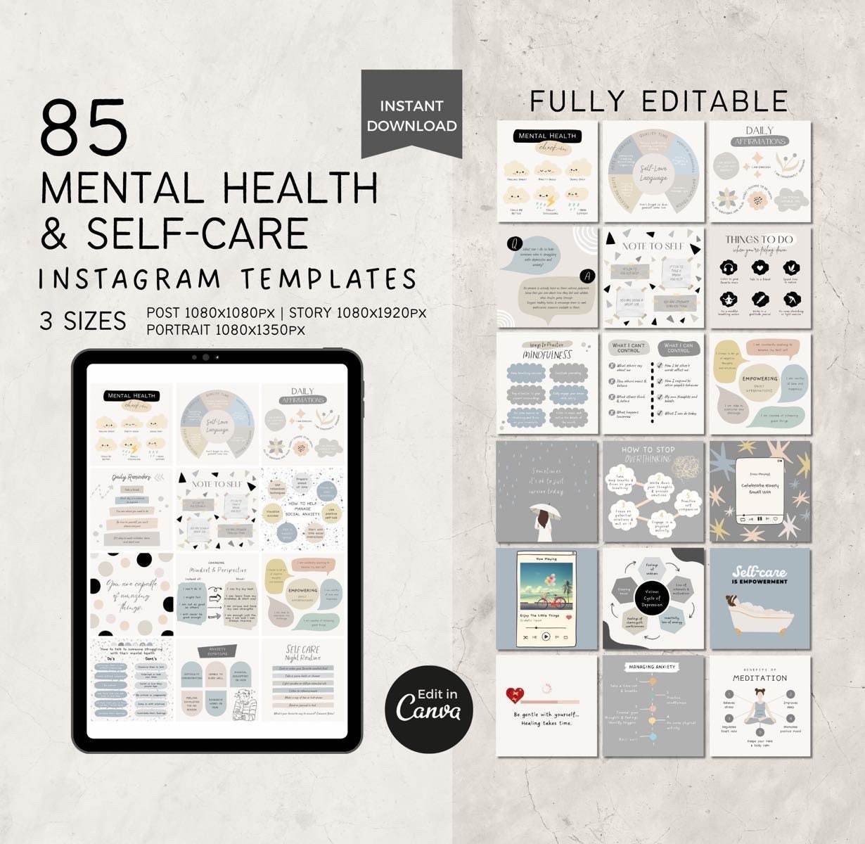 Editable Mental Health Instagram Templates Canva, Self Care Social ...