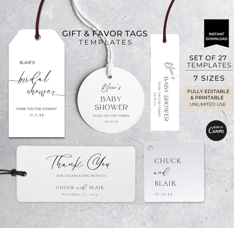 Editable Wedding Favor Tags Template Canva, Printable Gift Tags Set ...