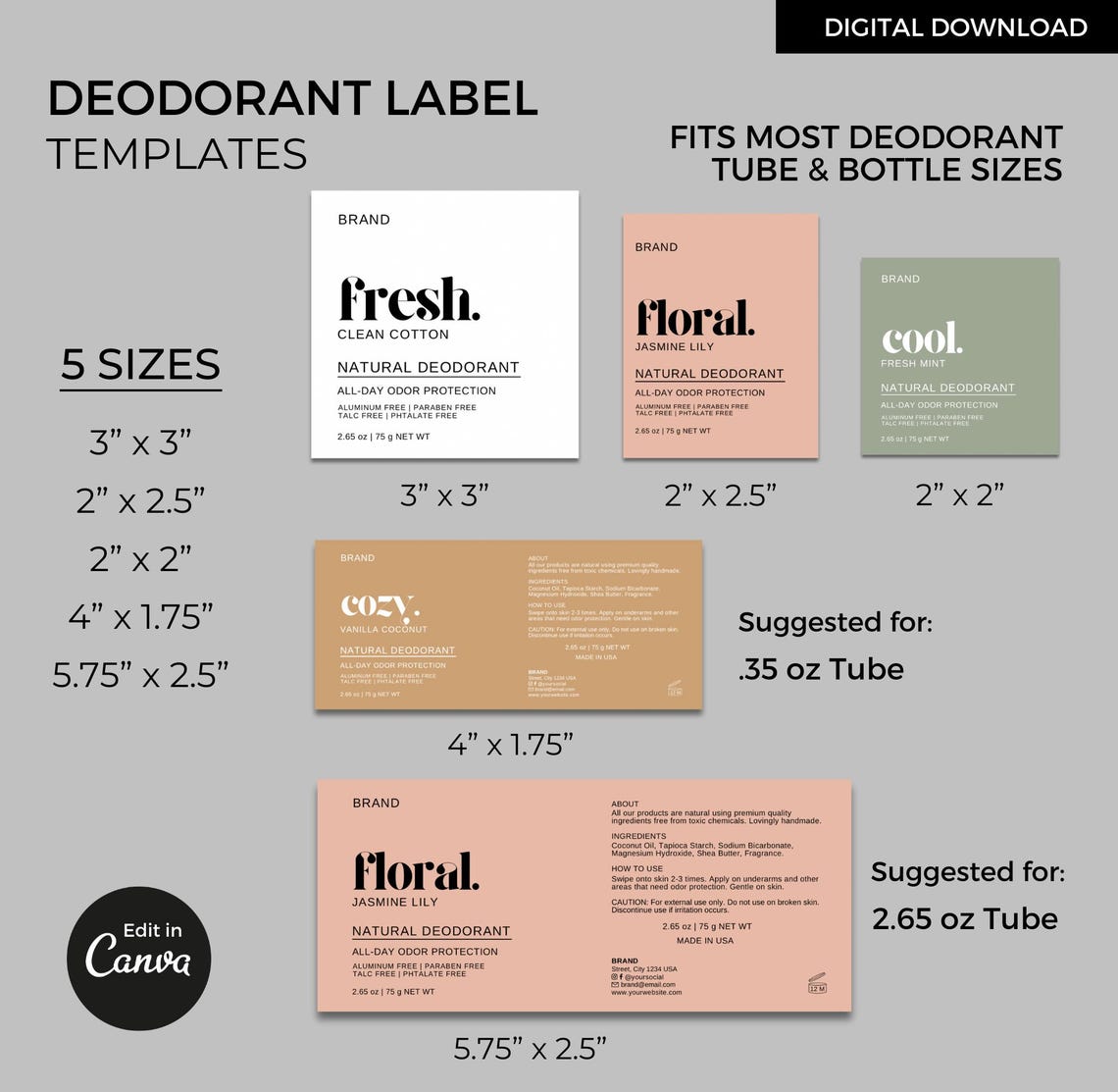 Deodorant Labels Template Canva Editable, Printable Deodorant Tube ...