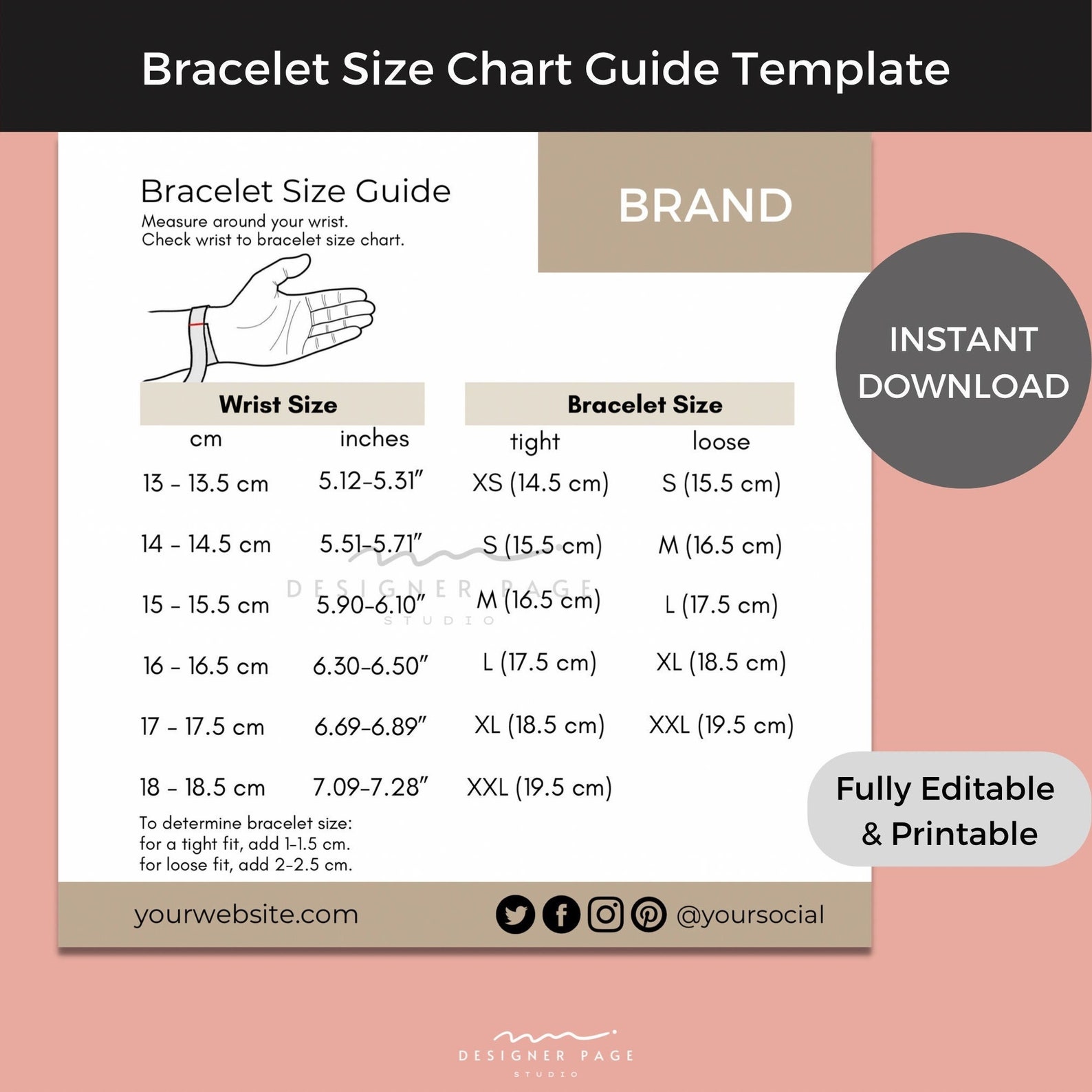 Bracelet Size Chart Template Editable | Printable Jewelry Accessory ...