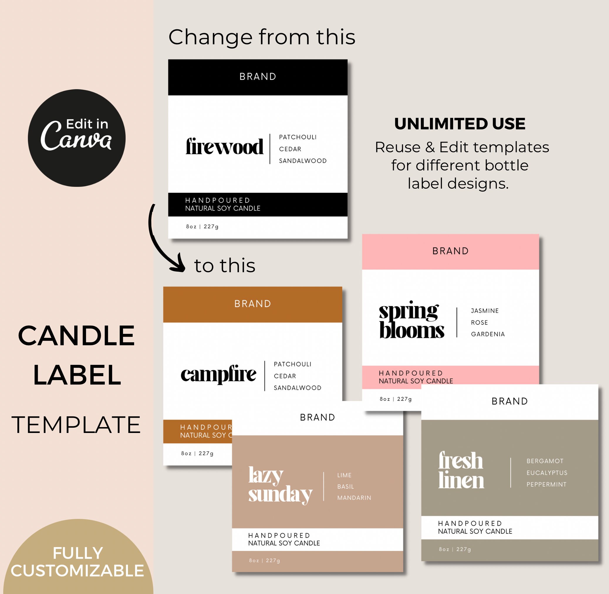 Modern Candle Label Template Canva, Candle Labels Printable, Editable ...