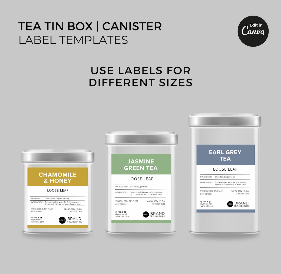 Tea Tin Can Labels Template Editable Canva, Tea Canister Label Stickers ...