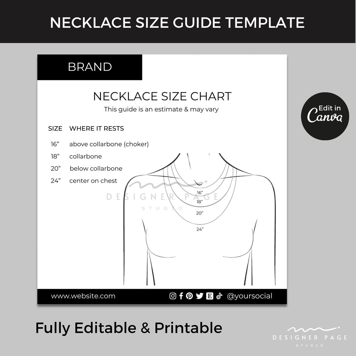 Editable Necklace Size Chart Template, Printable Necklace Length Size ...