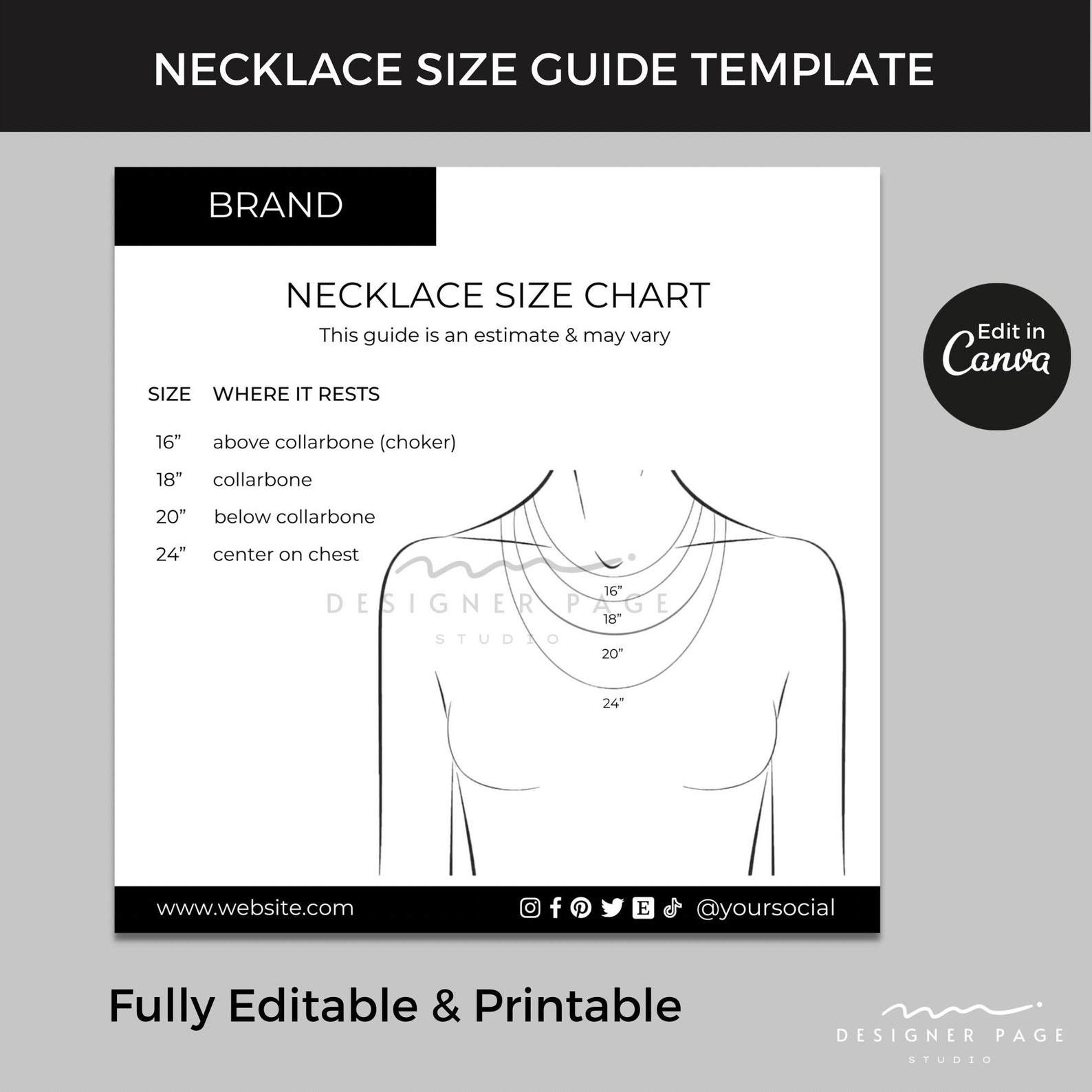 Editable Necklace Size Chart Template, Printable Necklace Length Size ...