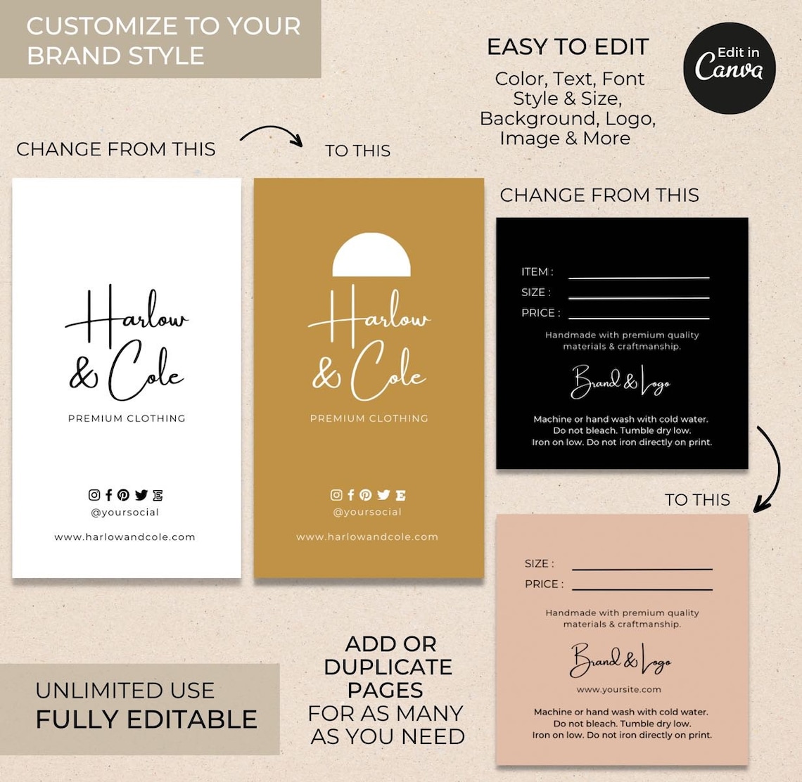 Editable Clothes Hangtags Template Canva, Printable Clothing Care Label ...