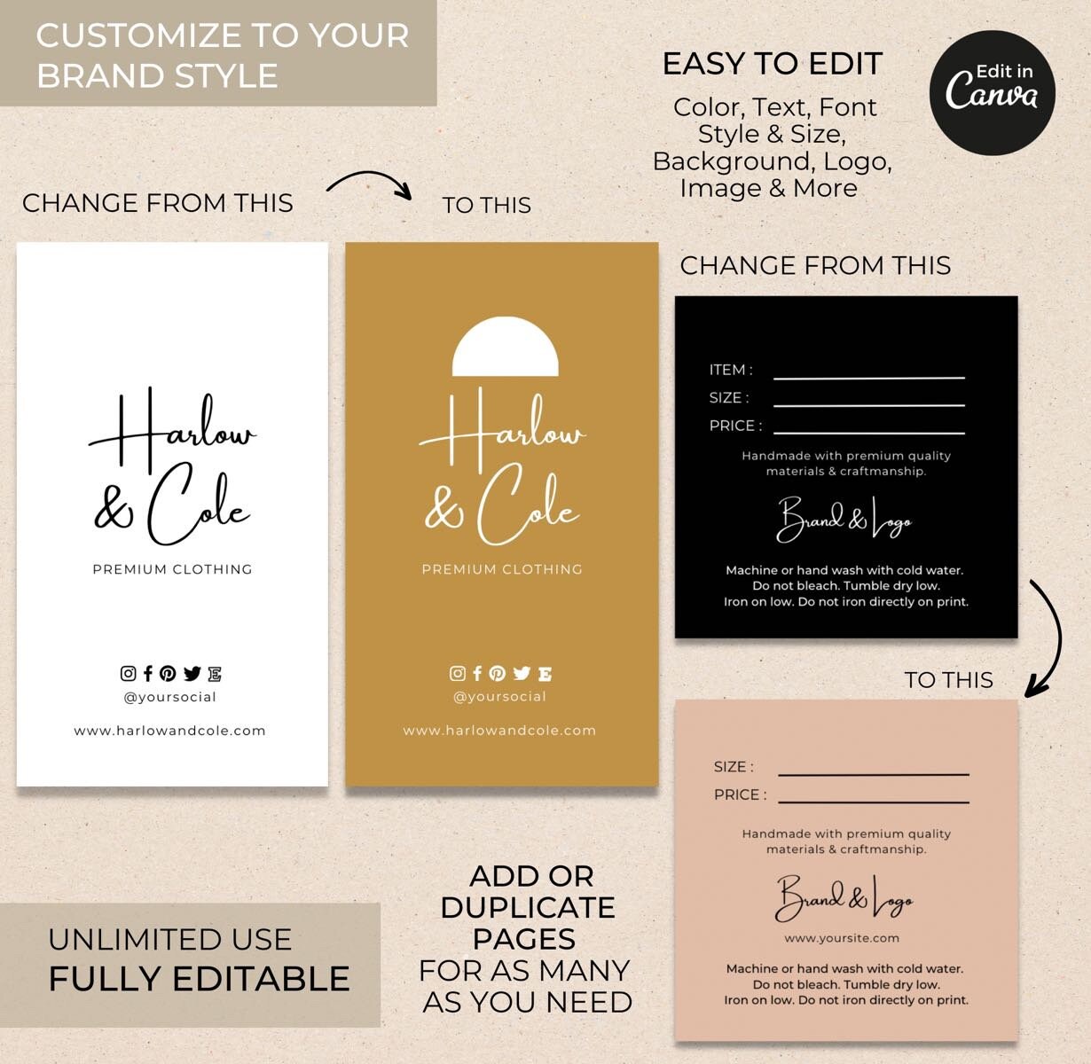 Editable Clothes Hangtags Template Canva, Printable Clothing Care Label ...