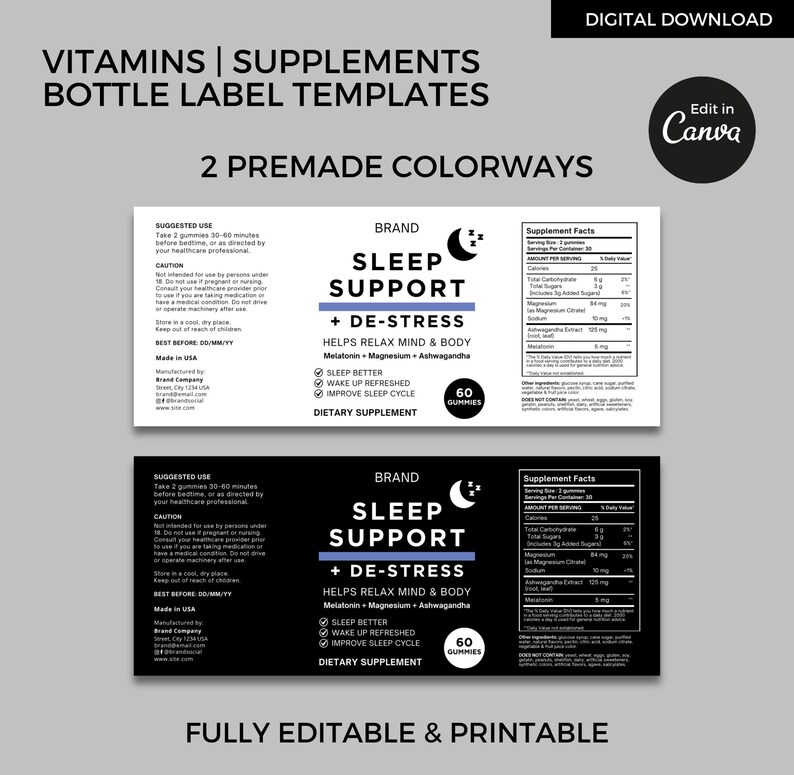 Vitamins Supplements Bottle Labels Template Canva Editable, Printable ...
