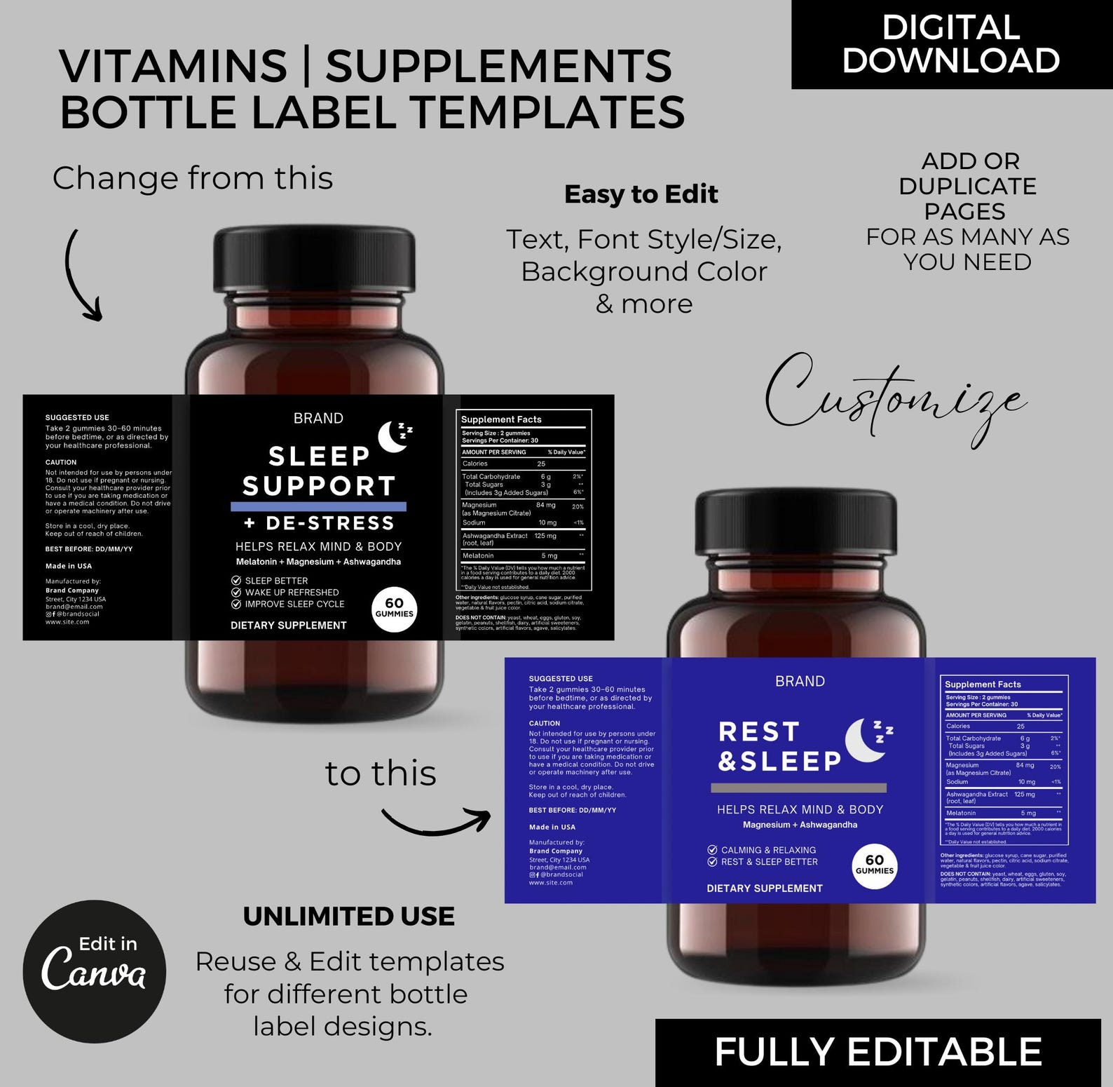 Vitamins Supplements Bottle Labels Template Canva Editable, Printable ...