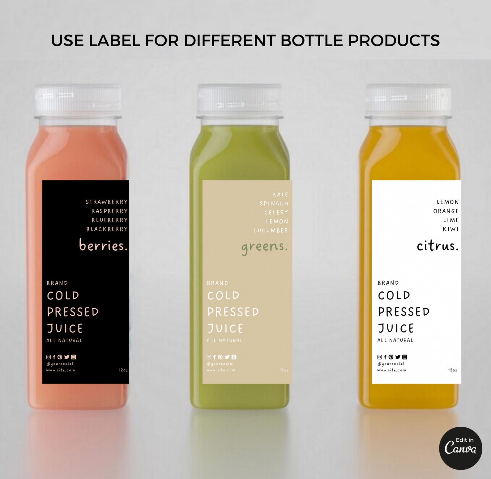 Editable Fruit Juice Bottle Labels Template Canva, Fresh Juice Label ...