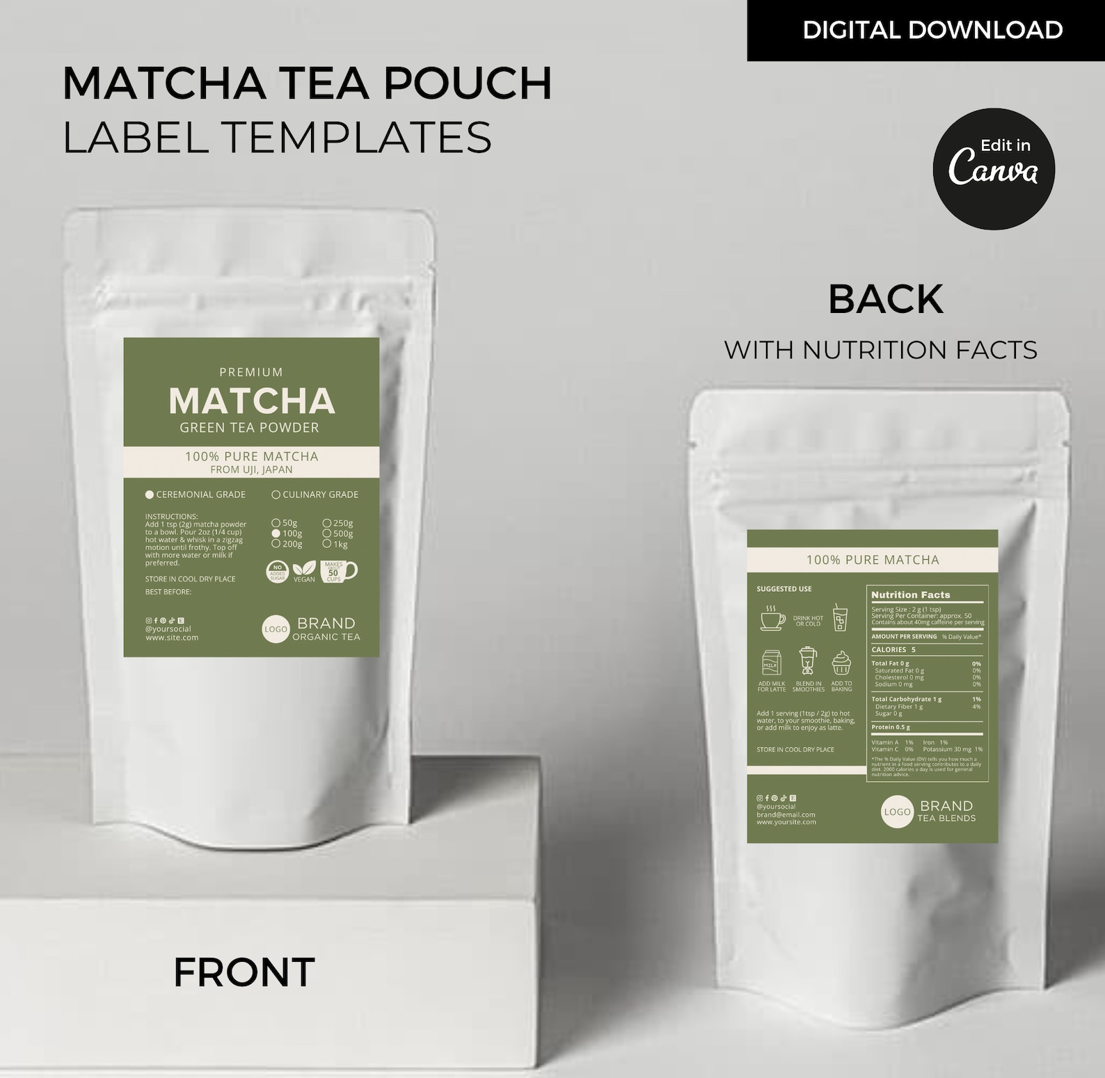 Matcha Tea Labels Template Editable Canva, Matcha Powder Tea Bag Label ...