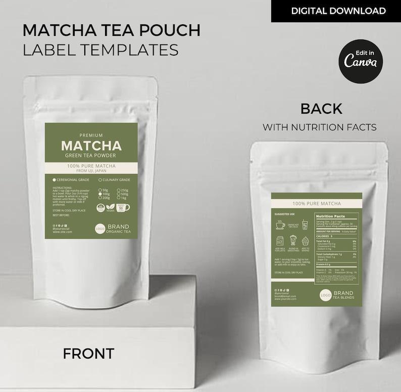 Matcha Tea Labels Template Editable Canva, Matcha Powder Tea Bag Label ...