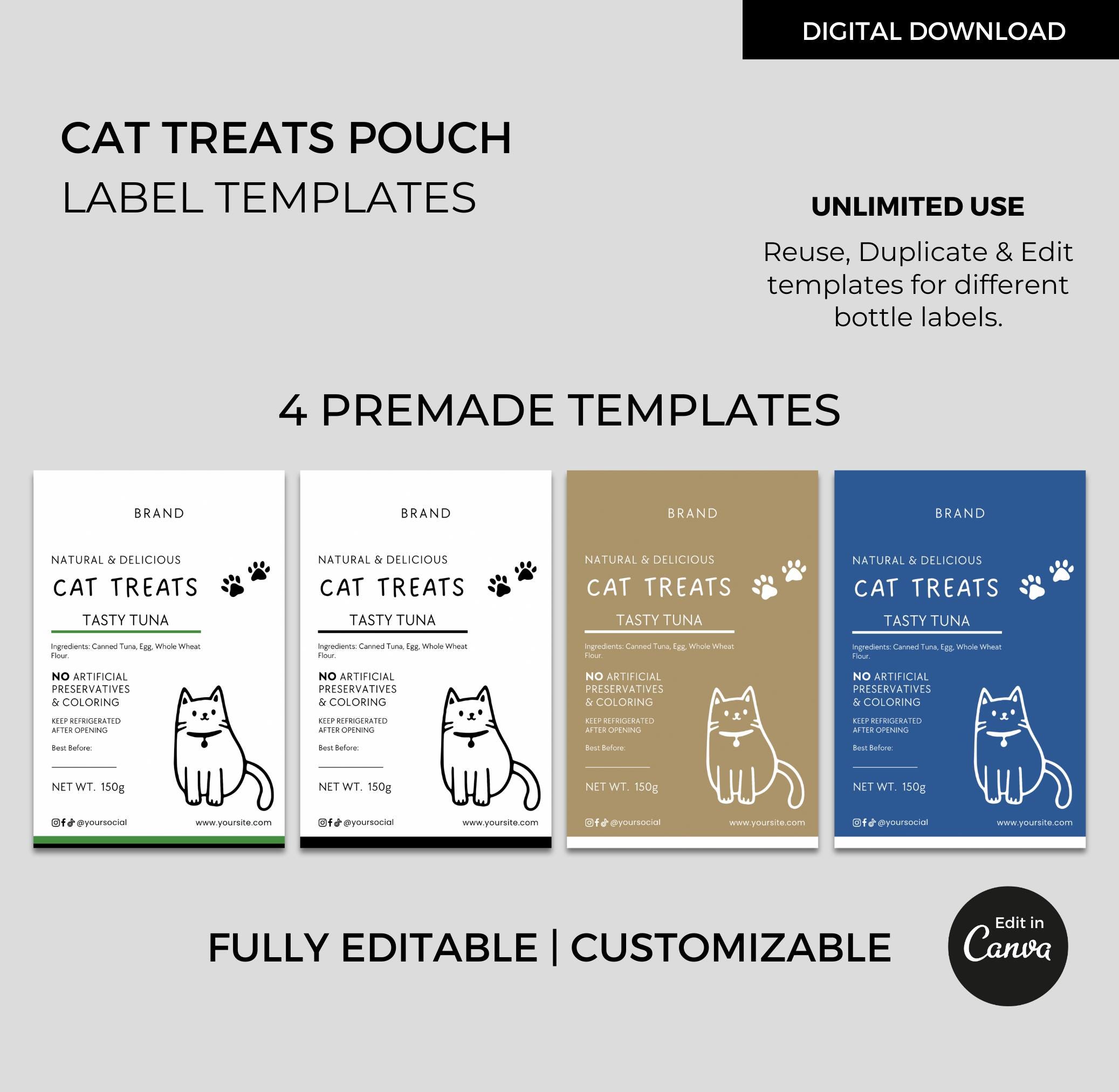 Editable Cat Treats Labels Template Canva, Cat Food Label Stickers ...