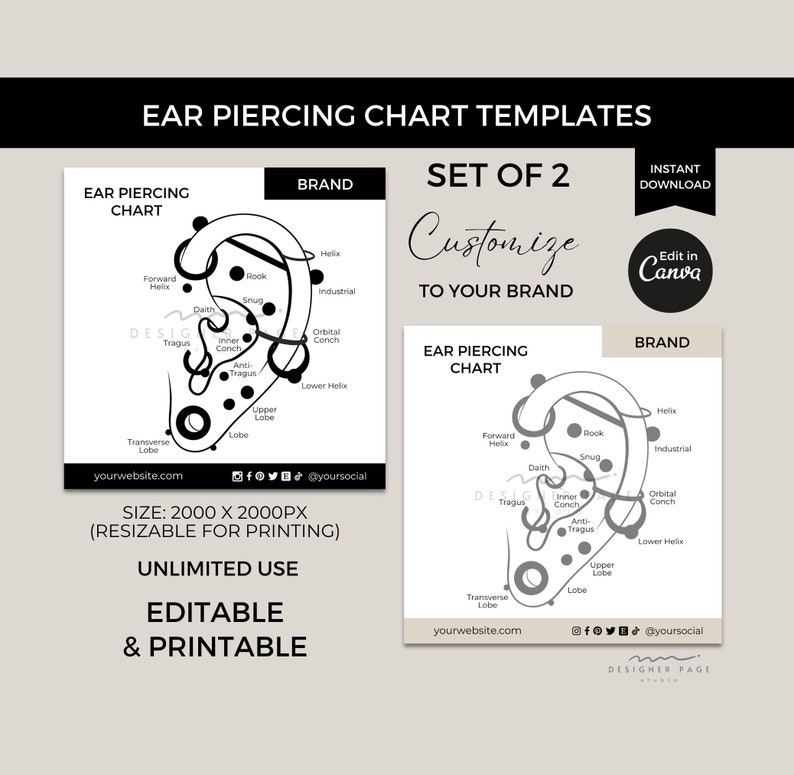 Editable Ear Piercing Chart Template Canva, Printable Ear Piercings ...