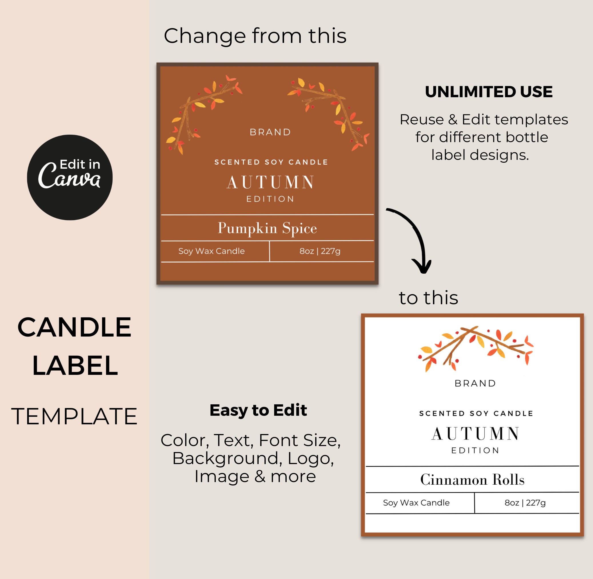 Autumn Candle Labels Template Editable, Modern Candle Label Printable ...