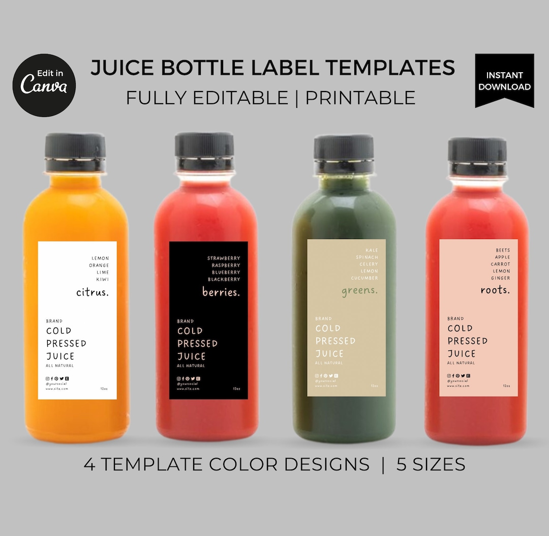 Editable Fruit Juice Bottle Labels Template Canva, Fresh Juice Label ...