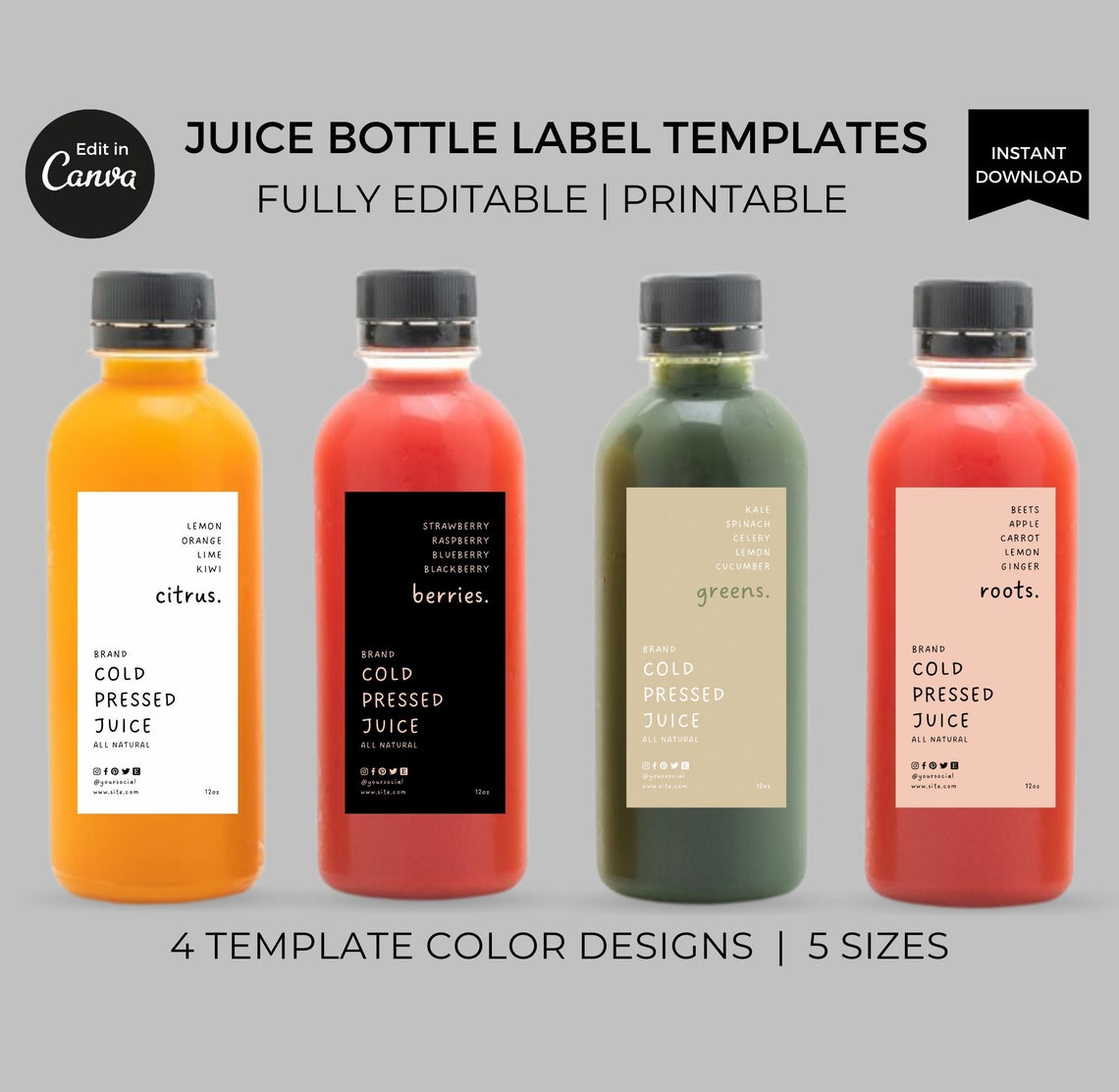 Editable Fruit Juice Bottle Labels Template Canva, Fresh Juice Label ...