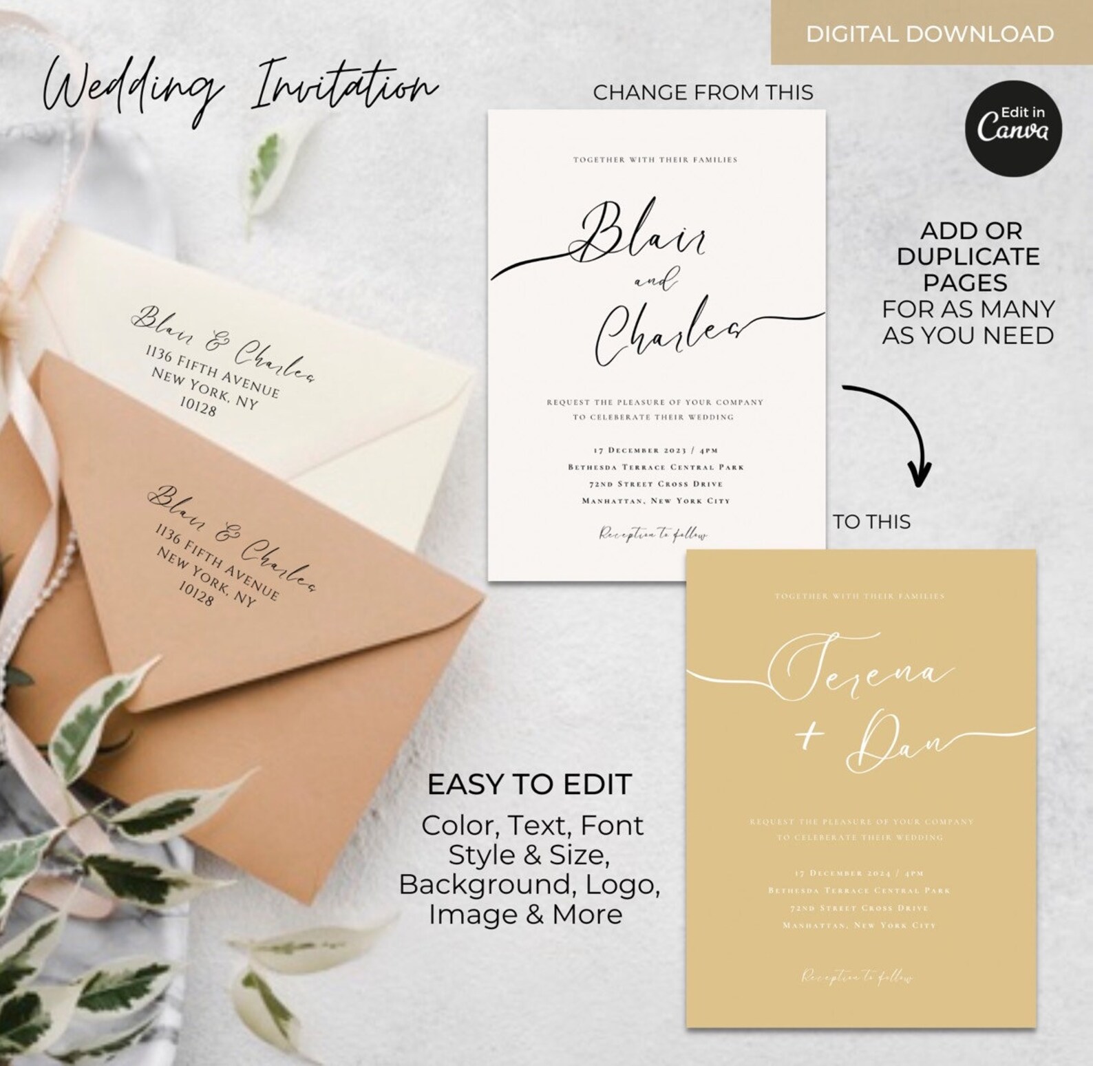 Editable Wedding Invitation Card Suite Template Canva, Digital ...