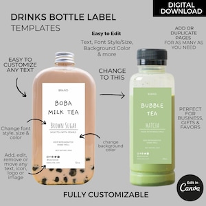 Editable Boba Milk Tea Bottle Labels Template Canva, Drinks Label ...