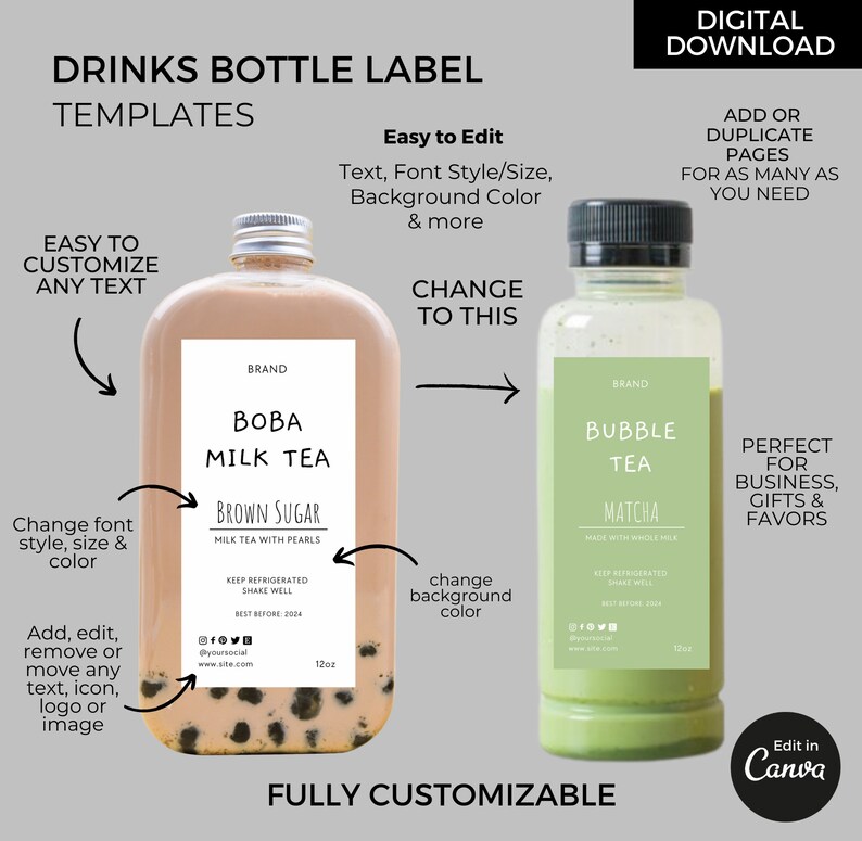 Editable Boba Milk Tea Bottle Labels Template Canva, Drinks Label ...
