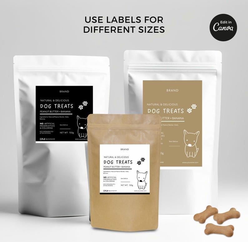 Editable Dog Treats Labels Template Canva, Dog Food Label Stickers ...