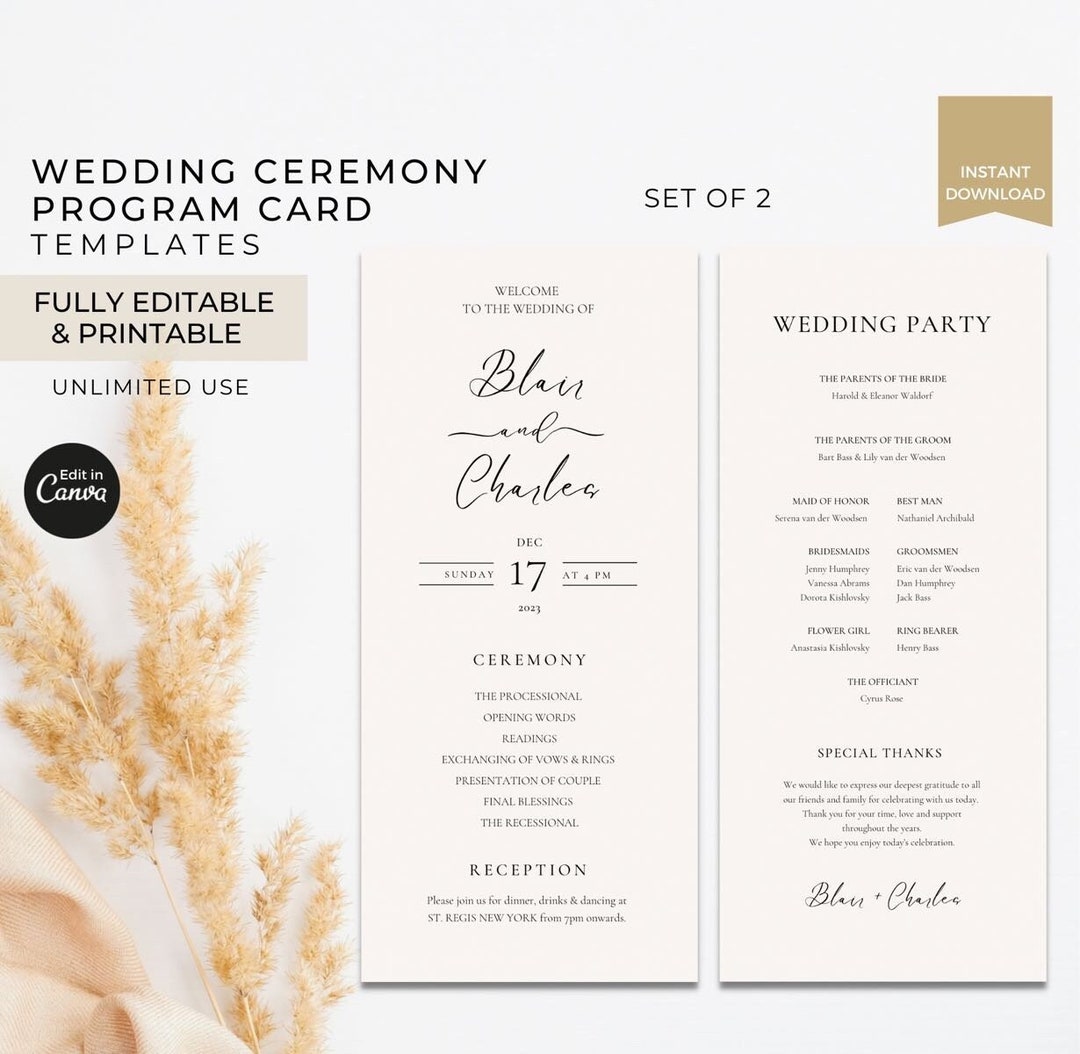 Elegant Wedding Ceremony Program Card Template Canva, Printable Wedding ...
