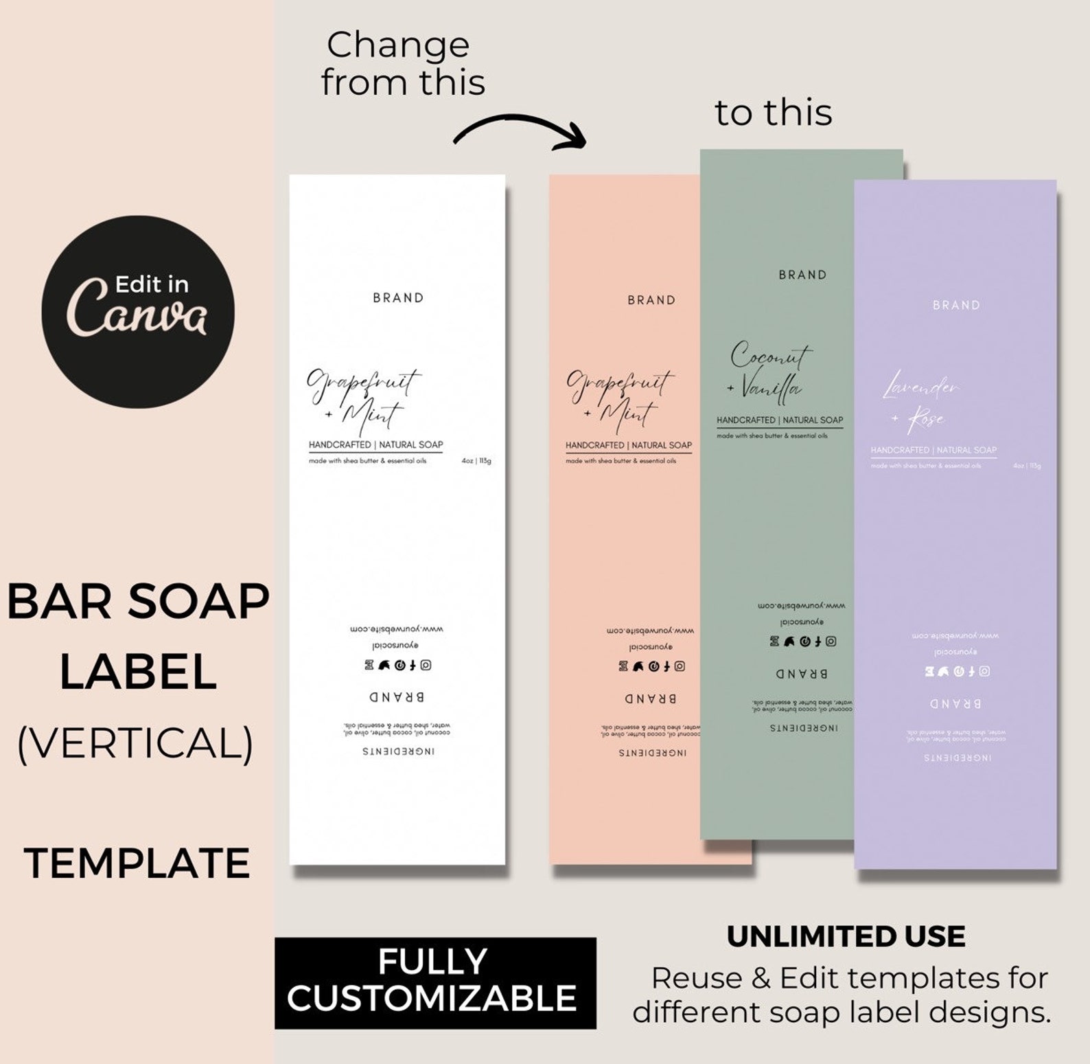 Editable Soap Label Template Canva, Bar Soap Wrap Labels Printable ...