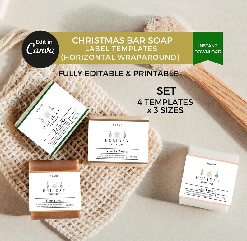 Christmas Soap Labels Template Editable Canva, Holiday Soap Label Wrap ...