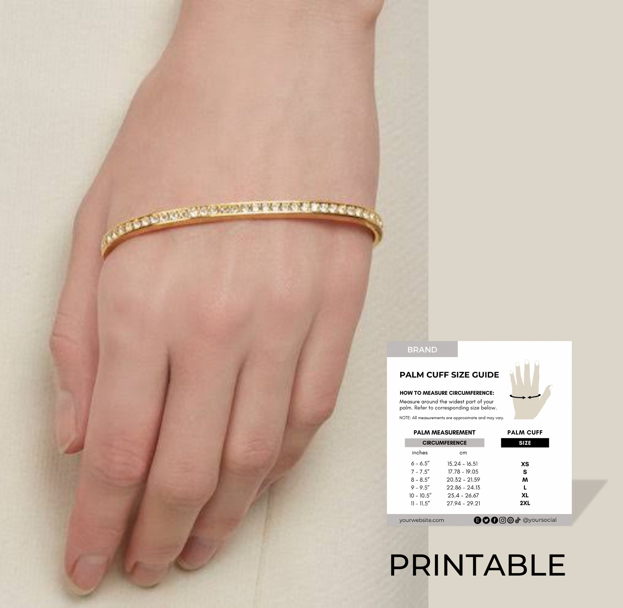 Editable Palm Cuff Size Chart Template Canva, Printable Palm Cuff Size ...