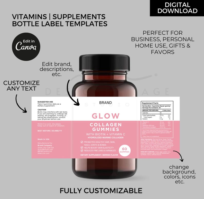 Collagen Supplements Bottle Labels Template Canva Editable, Printable ...