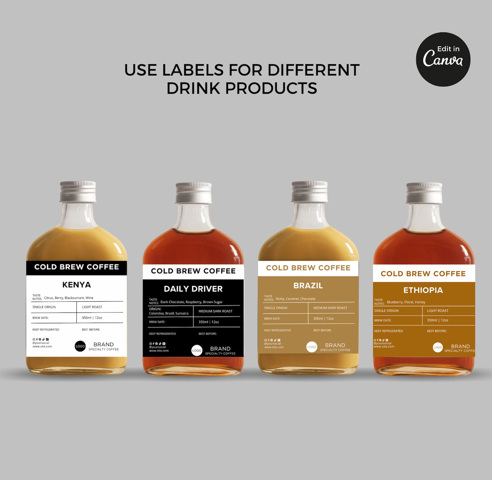 Cold Brew Coffee Bottle Labels Template Editable Canva, Juice Label ...