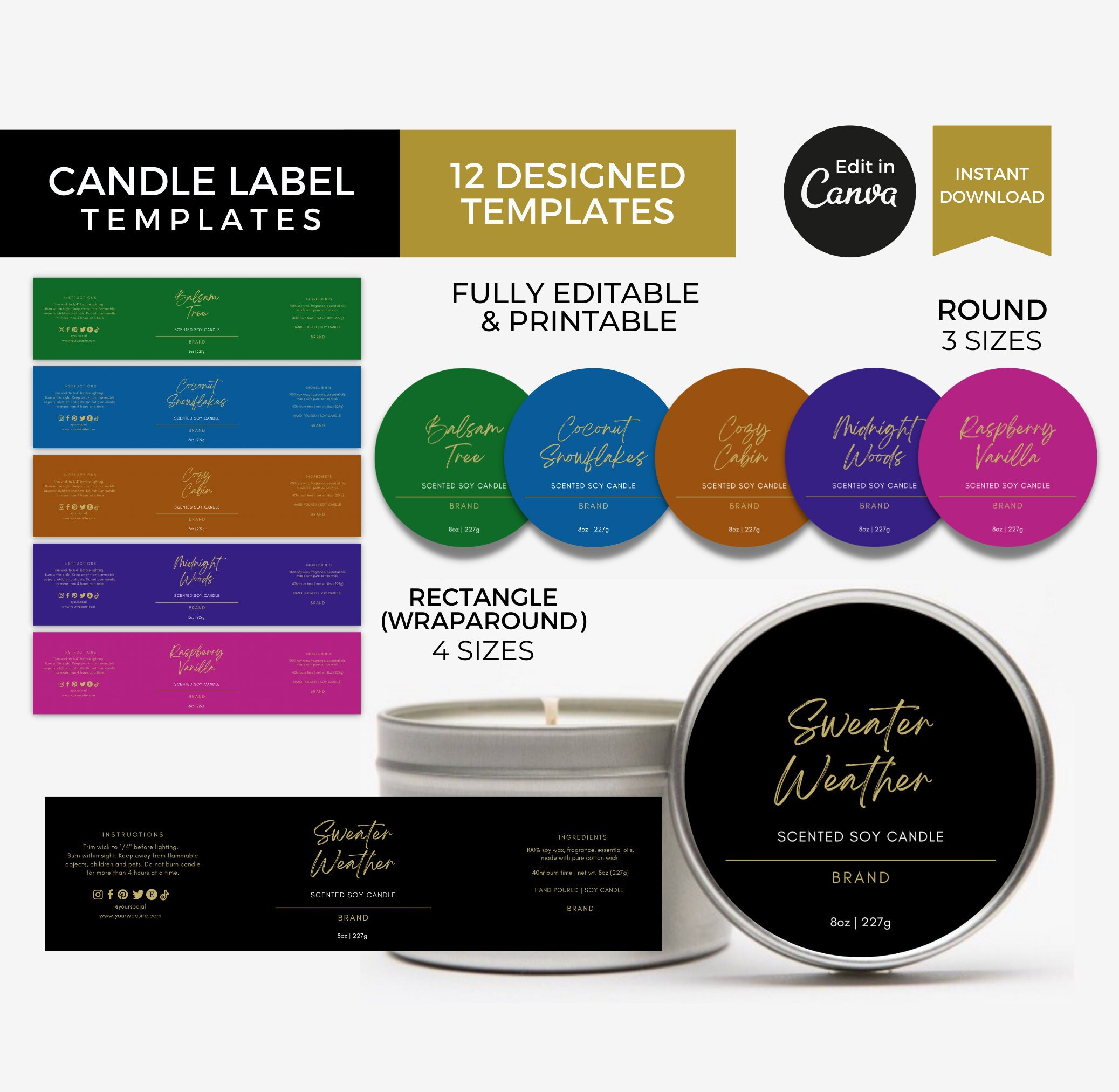 Editable Candle Tin Labels Template Canva, Modern Candle Label Stickers ...