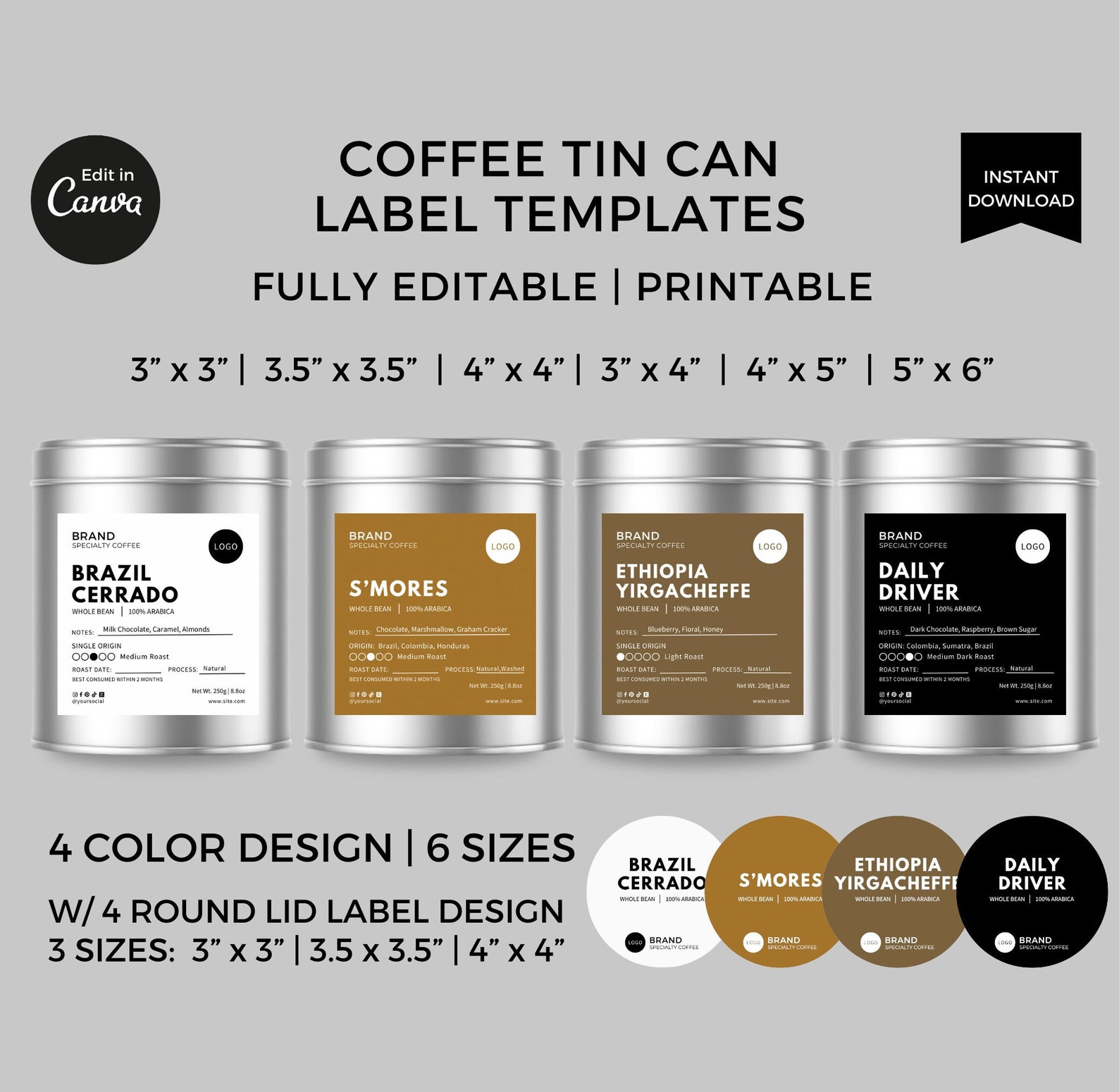 Coffee Tin Can Labels Template Editable Canva, Custom Coffee Labels ...