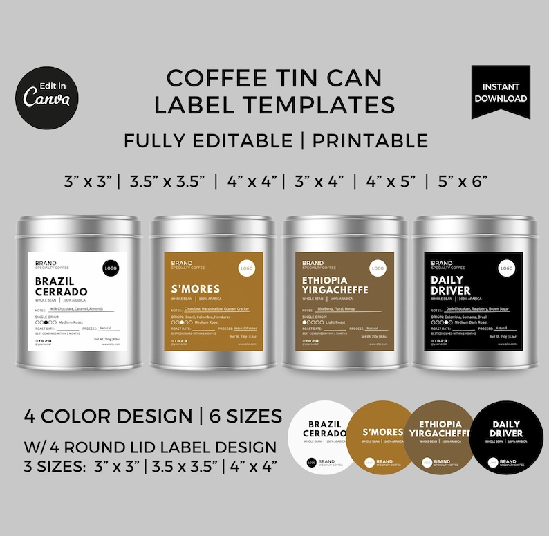Coffee Tin Can Labels Template Editable Canva, Custom Coffee Labels ...
