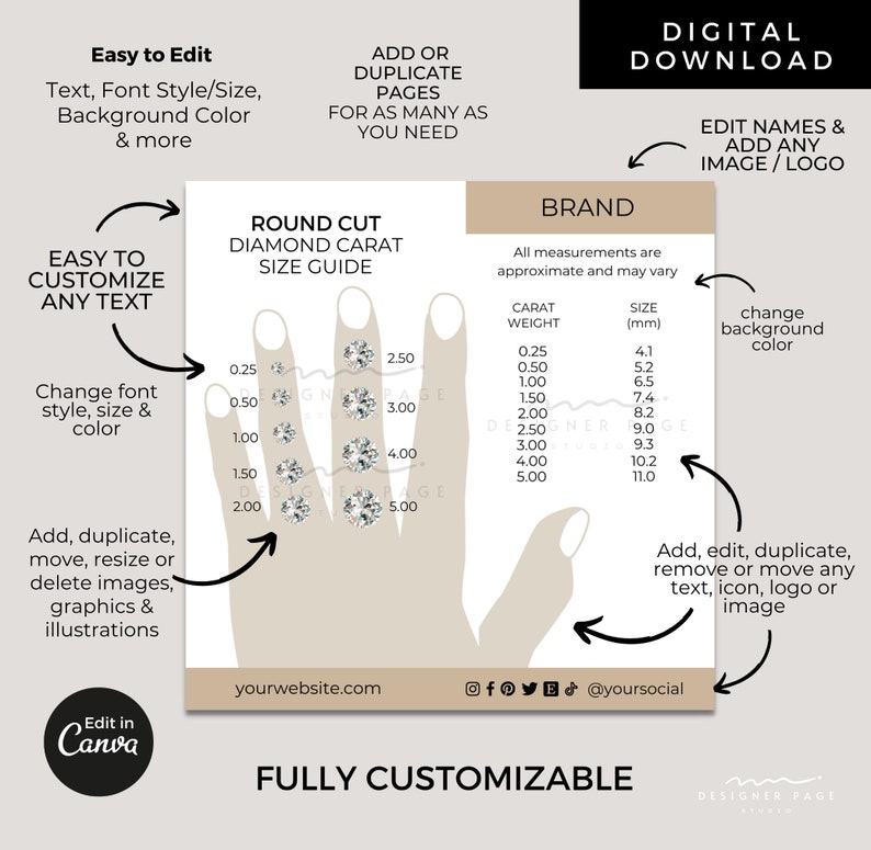 Editable Diamond Carat Size Chart Template Canva, Printable Round Cut ...